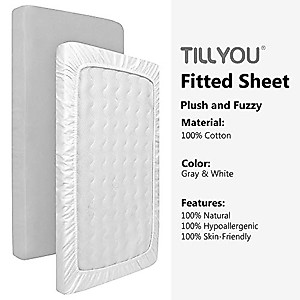 TILLYOU Flannel Cotton Fitted Crib Sheets for Baby Boys Girls, Thermal Warm and Plush Toddler Bed Sheets for All Seasons, Deep Pocket Fits Up to 8” Mattress 28x52, Set of 2, Gray & White