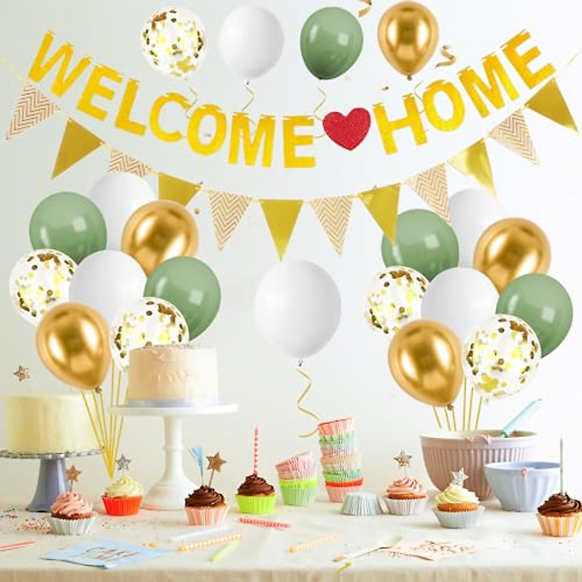 Welcome Home Decorations,Green Gold Welcome Home Balloons Banners Set,Welcome Home Glitter Banner with Confetti Balloons,Pennant Flag Bunting for Home Family Baby Shower Welcome Back Party Supplies