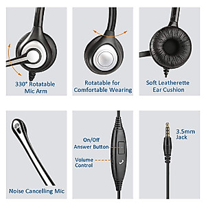 Cell Phone Headset with Microphone Noise Cancelling & Call Controls, 3.5mm Computer Headphones for iPhone Samsung PC Business Skype Softphone Call Center Office, Clear Chat, Ultra Comfort
