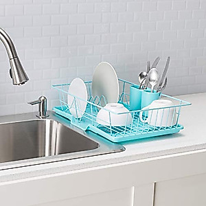 Home Basics Dish Drying Rack (Turquoise) Dish Drainers for Kitchen Counter | with Sloping Tray and Utensil Holder | Big Dish Drying Rack