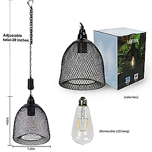 Battery Operated Hanging Light -Retro Decor lamp Black Metal Mesh LampEdison Bulb Lightswith 6 Hours TimerOutdoor Pendant Chandelier Lantern Great for Gazebo Garden Patio Living Room Indoors