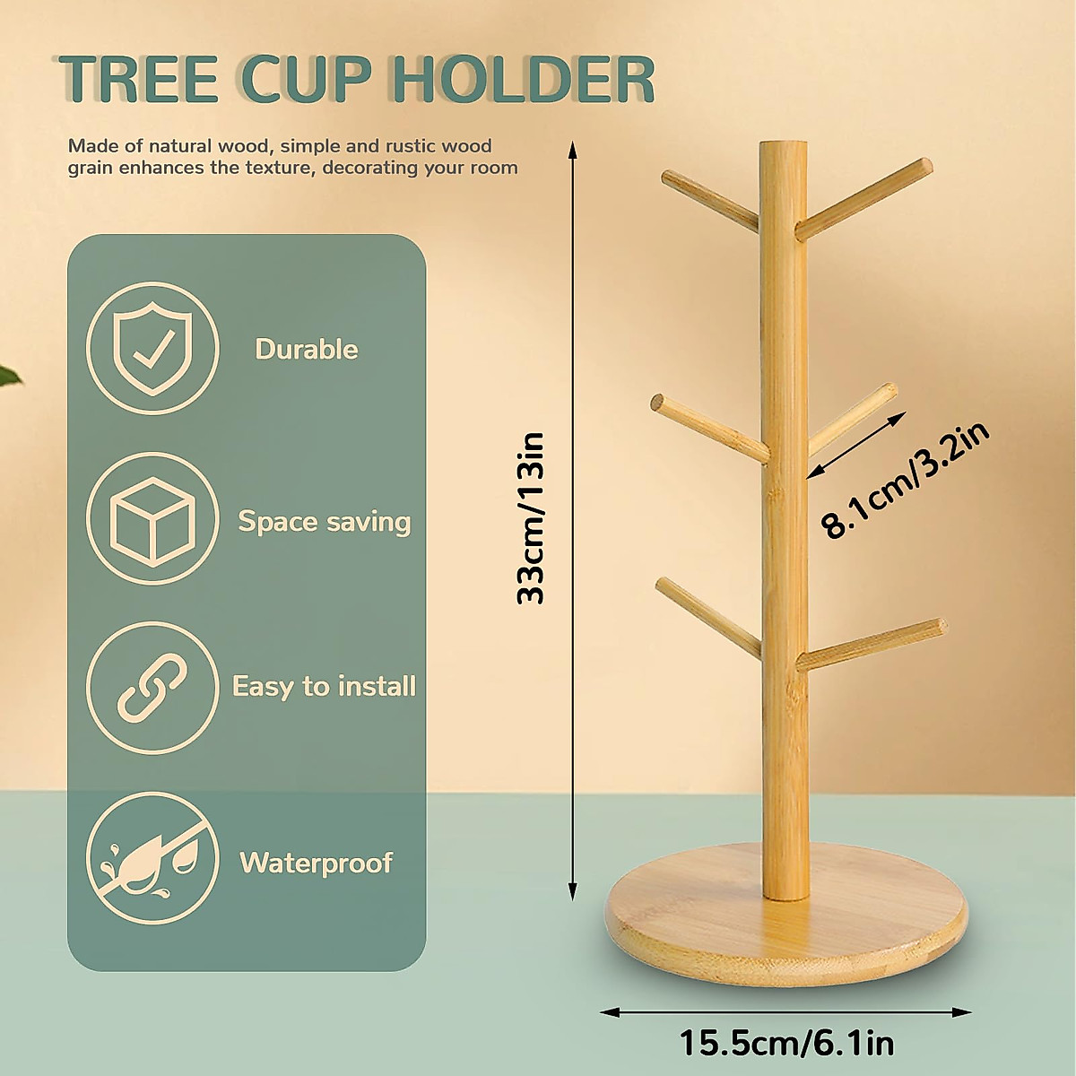 Roucerlin 1 Pack Wooden Coffee Mug Tree, Mug Holder Tree with 6 Hooks, Self-Mounting Mug Tree for Counter, Coffee Mug Stand Rack for Kitchen, Living Room, Coffee Station, Bar (Wood)