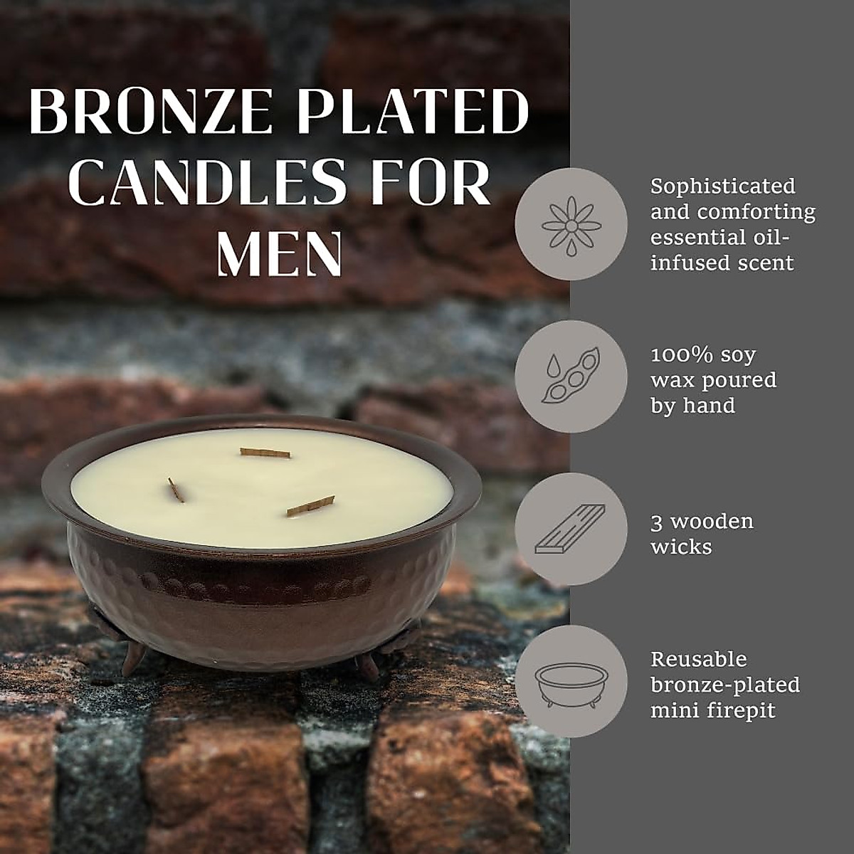 Dough Bowl Candle Company Candles for Men - 6.2" x 3" Firepit Metal Mens Candle, Mahogany Teak Scented Candles for Men, Multipurpose Wooden Wick Candles for Bedroom or Man Cave, 50 Hour Burn Time