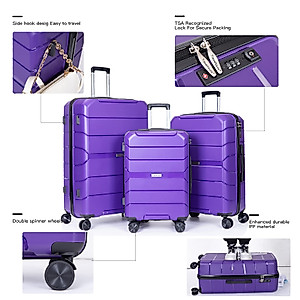 Travelhouse Amalodie Hardshell Upright Spinner Wheel Suitcase Set PP ABS, Lightweight Checked Carry-On Luggage 3-Piece Set with Spinner Wheels TSA Locks 20" 24" 28" (Jet Purple)