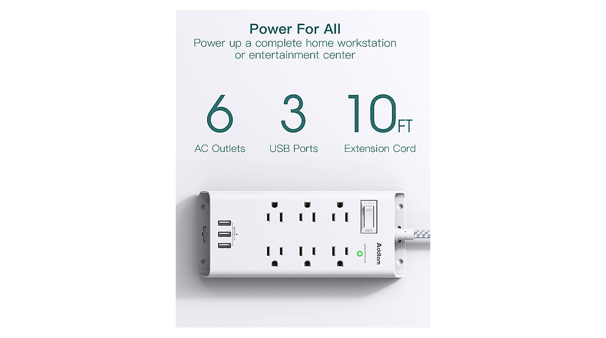 Addtam 10Ft Power Strip - Surge Protector & USB Ports