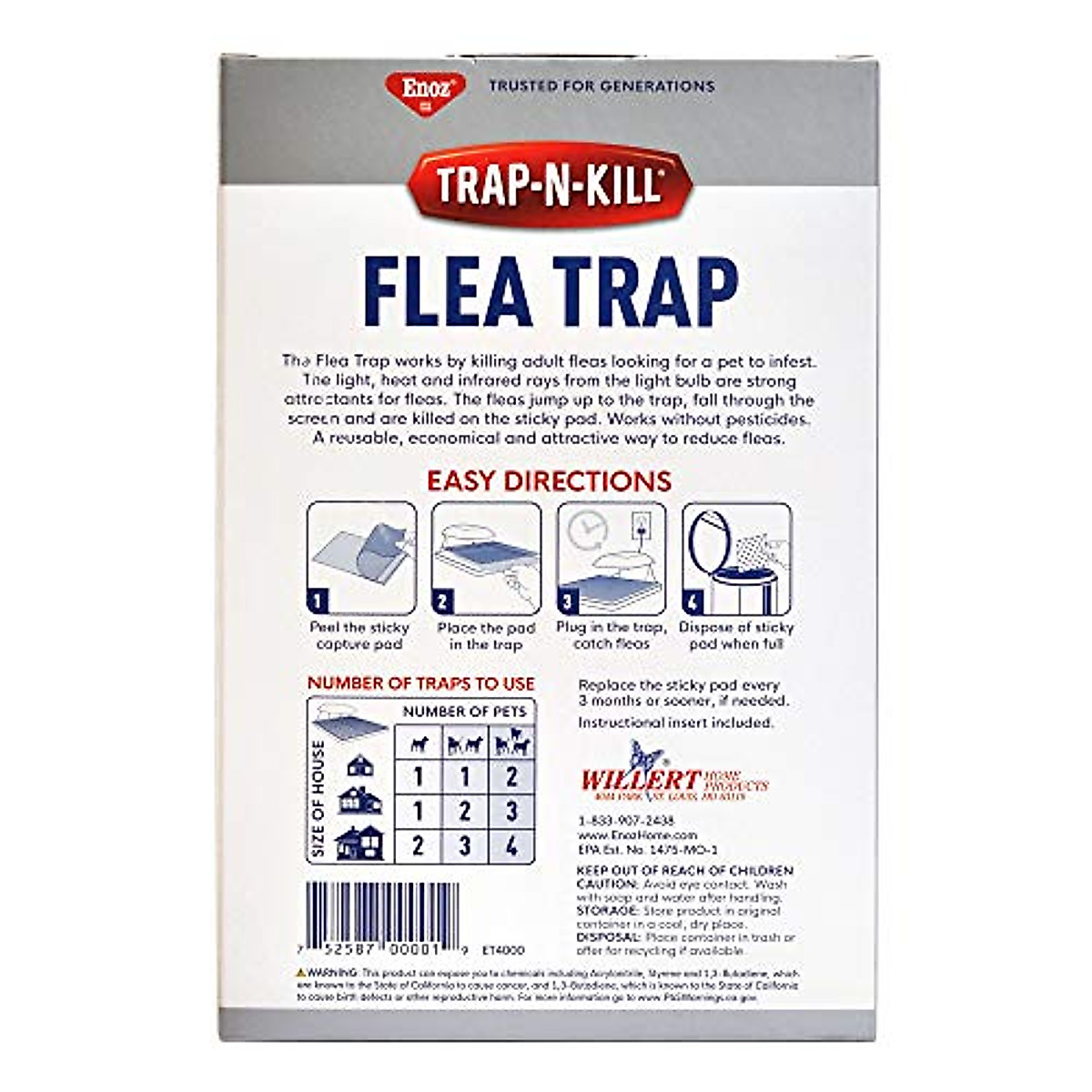 Enoz Trap-N-Kill Indoor Flea Trap with Lightbulb and Sticky Capture Pad, Nontoxic, Made in USA