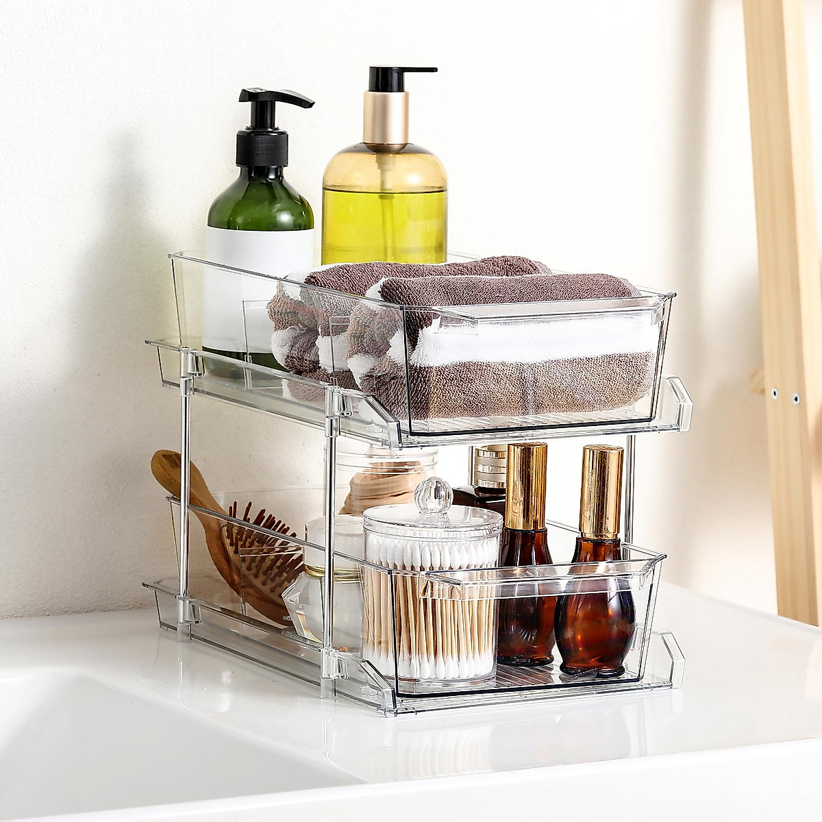 2 Tier Clear Organizer with Dividers, Multi-Purpose Slide-Out Storage Container, Bathroom Vanity Counter Organizing Tray, Under Sink Closet Organization, Kitchen Pantry Medicine Cabniet Storage Bins