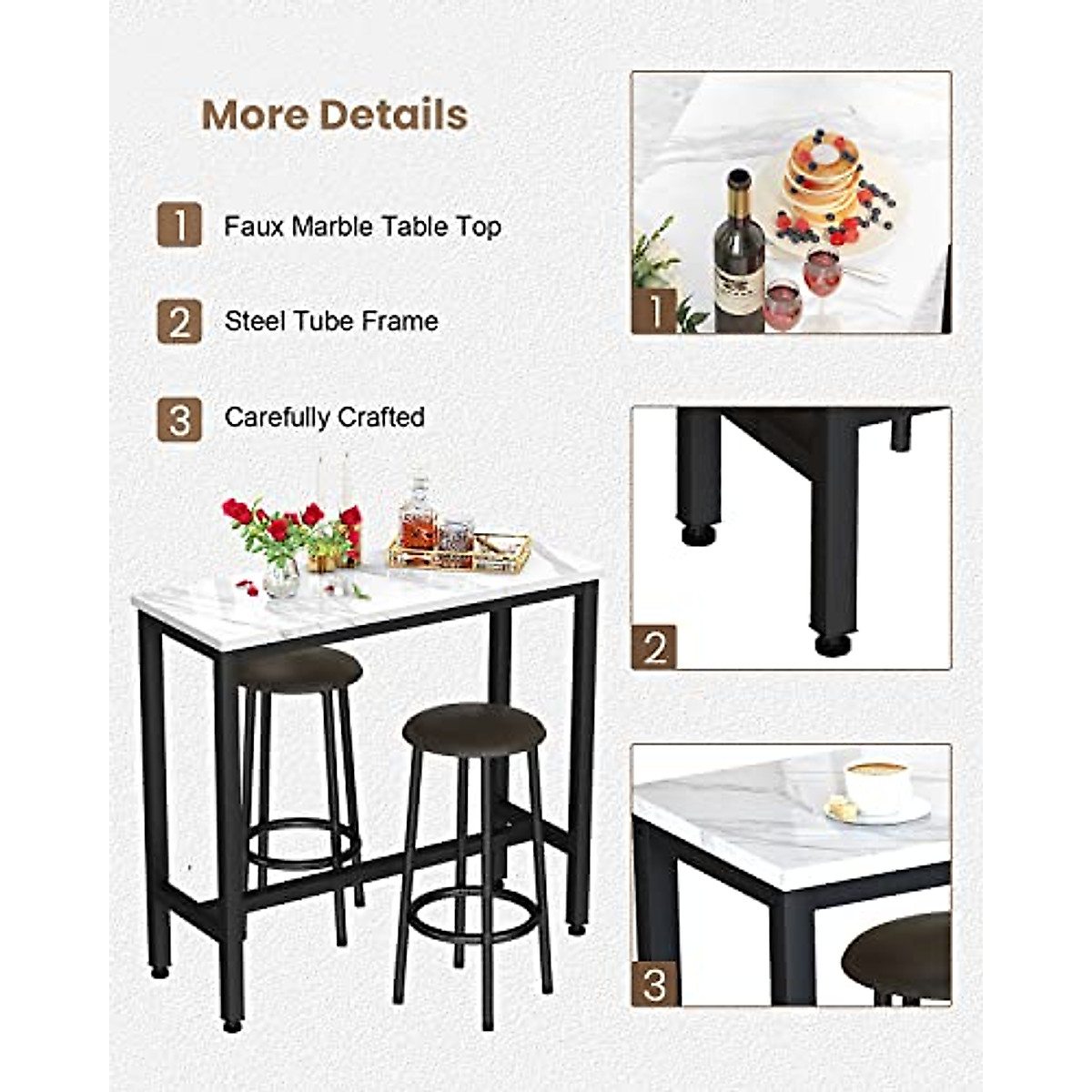 Recaceik Dining Table Set, 39.4” Rectangle Pub Dining Set Kitchen Table Set Bar Table with Stools, 3-Piece Breakfast Table Set with Metal Frame for Kitchen Dining Room w/ 2 Chairs - White
