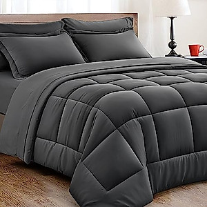 PATSBA Full Size Comforter Set -7 Pieces All Season Bed in a Bag - Ultra Soft Down Alternative Bedding Sets with Comforter, Flat Sheet, Fitted Sheet, 2 Pillowcases & 2 Pillow Shams (Dark Gray)