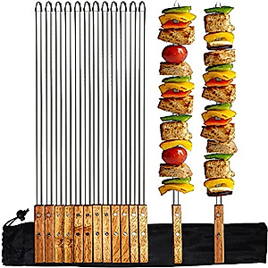 Vokop 12 Pack Kebab Skewers 22 Inch Stainless Steel Grilling BBQ Skewer Reusable Barbecue Skewers Flat Stick with Wood Handle,Ideal for Koubideh Brazilian Chicken Shrimp Turkish Shish Kabob