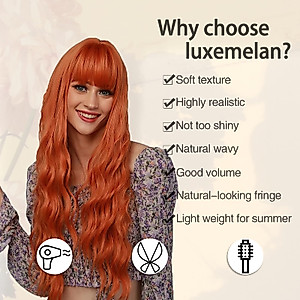 LuxeMelan Ginger Long Wavy Wig with Bangs Ginger Orange Wig 22 Inch Curly Glueless wig Full Machine Wig with Bangs Cosplay Party Bang Wig for Women
