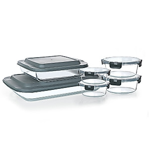 KOMUEE Rectangular Glass Baking Dish with Lids Set & Round Glass Food Storage Containers With Lids Set,Glass Bakeware Set with Lids for Lasagna, Leftovers, Cooking, Kitchen, Fridge-to-Oven,Gray