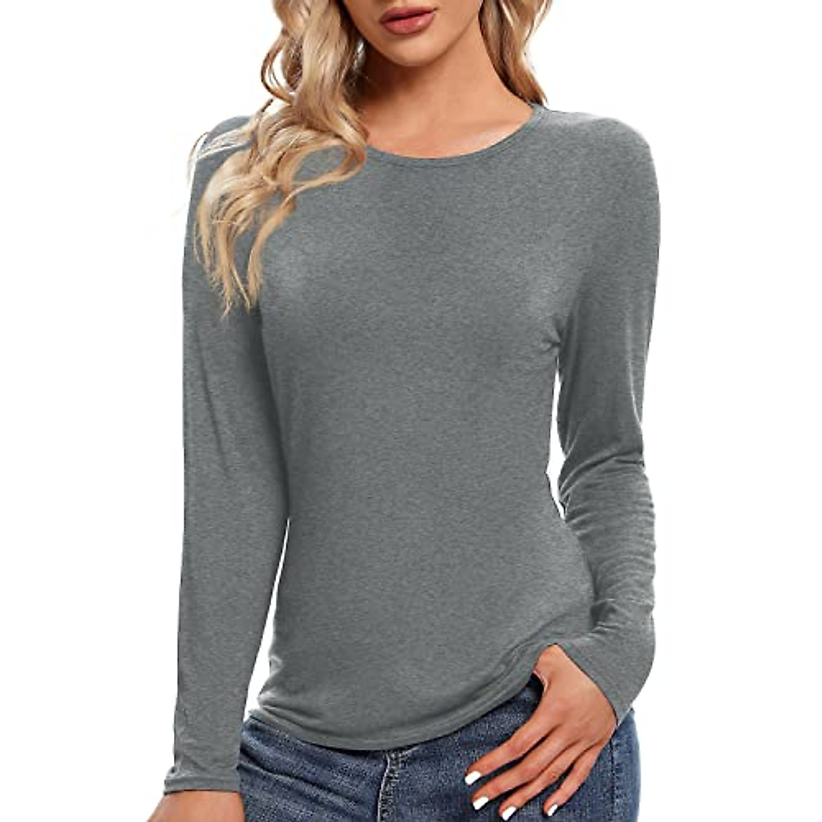 Urban CoCo Womens Crewneck Slim Fitted Long Sleeve T-Shirt Solid Tight Tunic Tops (Dark Grey, XL)