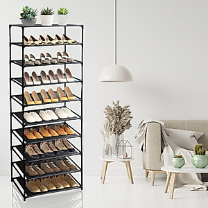 LCyindu Tall Shoe Rack 10 Tiers Narrow Shoe Shelf, 27-30 Pairs of Shoes and Boots Organizer, Black Metal Stackable Shoe Cabinet Space Saving for Entryway, Closet, Bedroom, 23" D x 10.9" W x 61.8" H