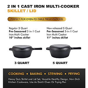 Bruntmor 2-in-1 Pre-seasoned Cast Iron Dutch Oven and Skillet Set -5 Quart Black Cookware with Handles - Dutch Oven with Lid - Enameled Cast Iron Cookware for Braising, Frying, Camping, and Indoor Use