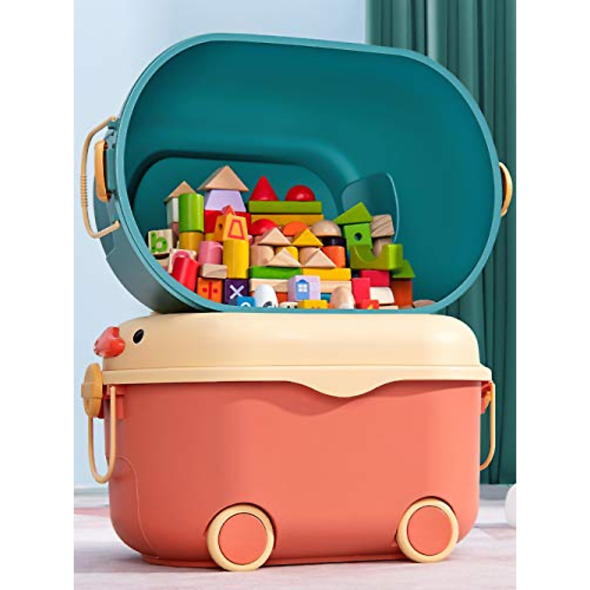 Shozafia Stackable Toy Storage Box with Wheels, Duck Rolling Storage Box with Snap Lid, Handle & Latches (Blue,Large)