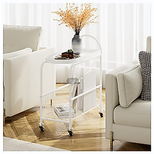 AEPOALUA Bar Cart, Mini Bar Cartwith Magazine Holder, Modern Two Tier Silver Bar Cart for Bedroom,Bathroom, Kitchen,Indoor, Patio White