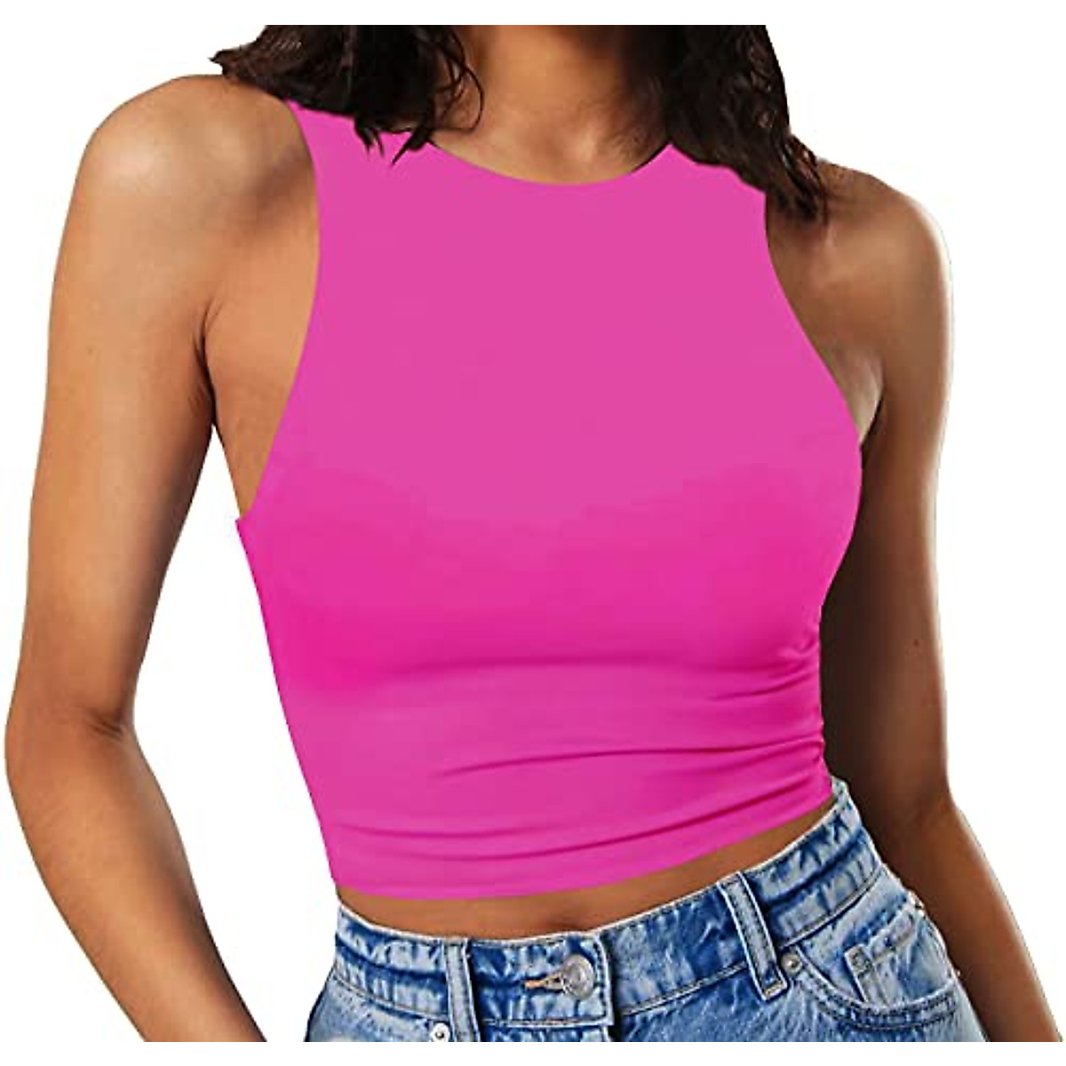 Artfish Women's Sleeveless Cropped Shirts High Neck Stretchy Fitted Basic Crop Tank Top (Hot Pink, XS)
