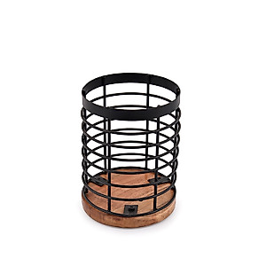 EDHAS Black Iron Kitchen Utensil Holder with Acacia Wooden Base Round Flatware Storage for Countertop (4.5" x 4.5" x 6")