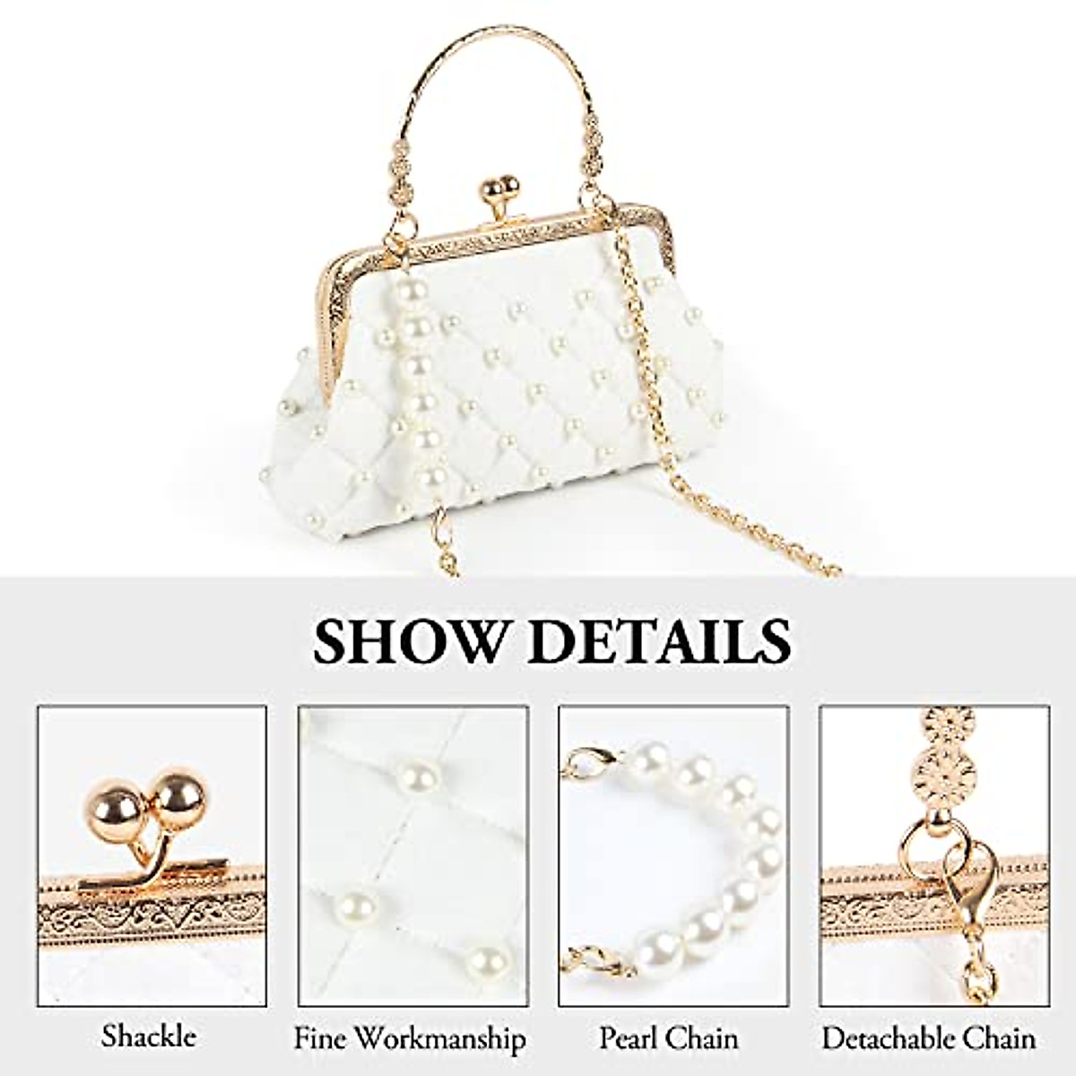 Emprier Women Beaded Evening Handbag Pearl Decoration Cute Clutch Purse Small Bridal Wedding Tote Bags