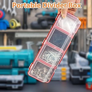 Screw Organizer Storage Bins, 2 Pack Stackable Bins with Lids, Divider Compartment Containers for Garage/Craft Tool Organizing, Tool Cart Cabinet Workbench Drawers Organization and Storage (Red)