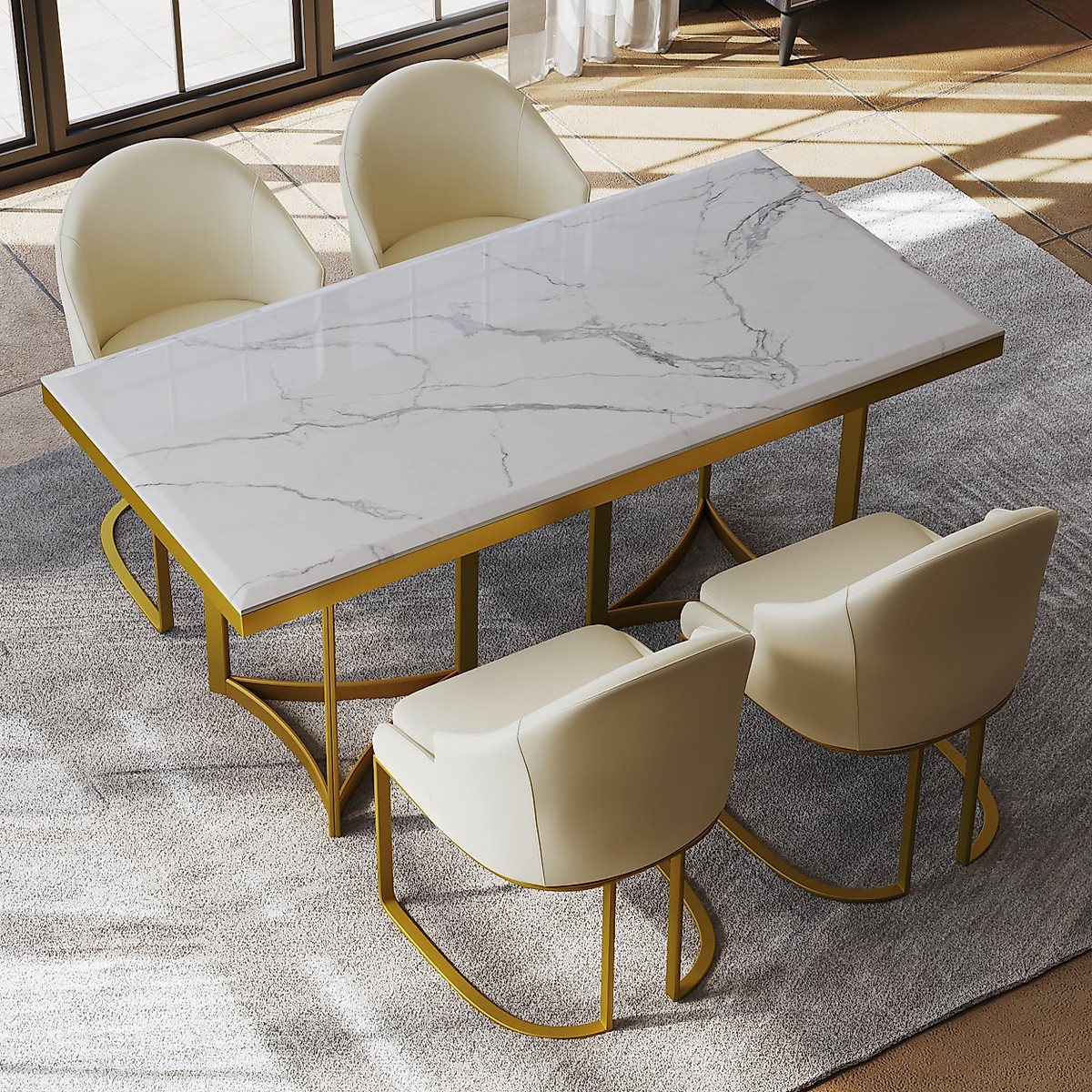 POVISON Marble Dining Table for 6, Modern Dining Room Table 63" for Kitchen & Dining Room, White Marble Table Top with Luxury Gold Trestle Pedestal(Dining Table Only)