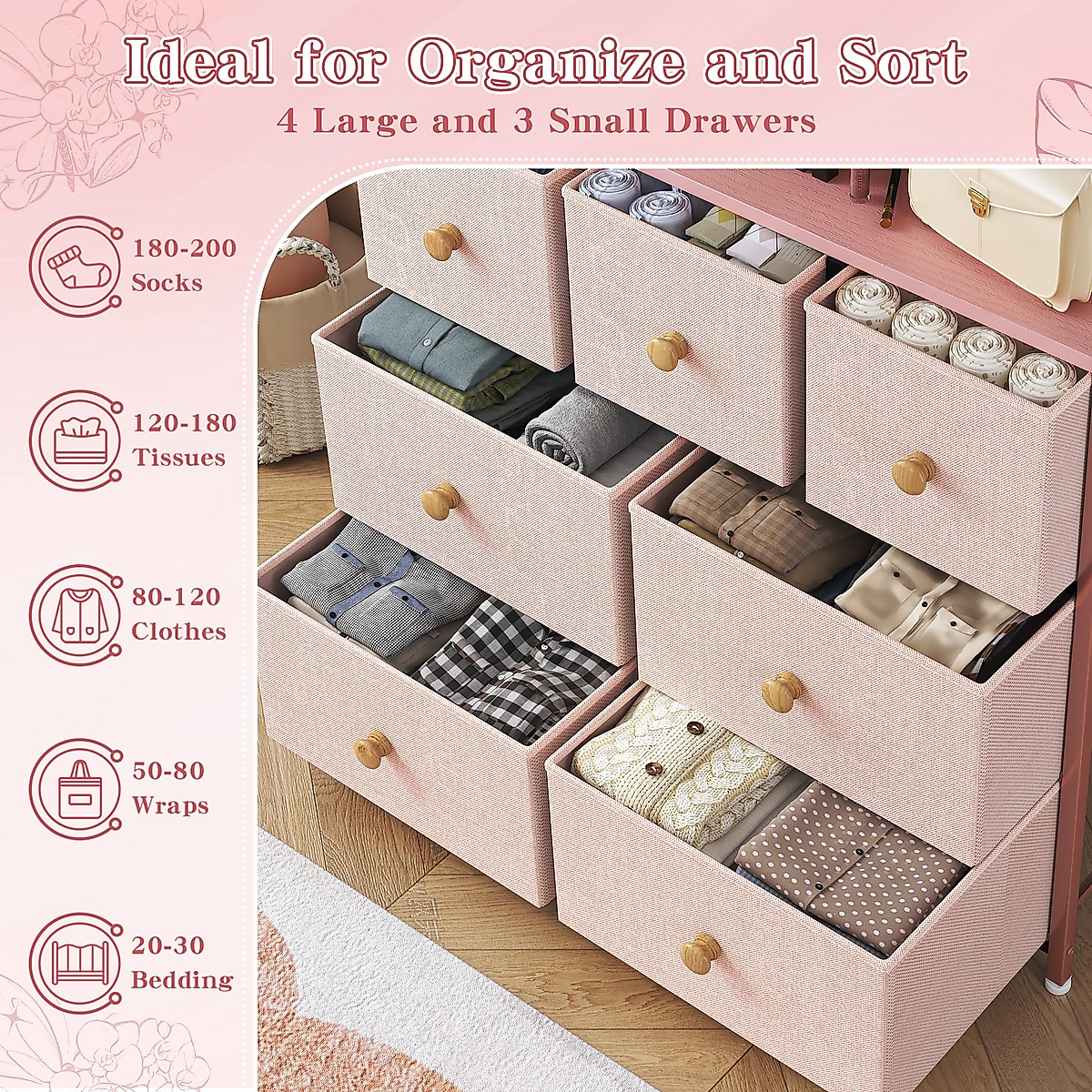 EnHomee Pink Dresser for Bedroom Dresser with 7 Drawers & 2 Shelves,Fabric Dressers & Chests of Drawers for Room, Closet,Lightweight