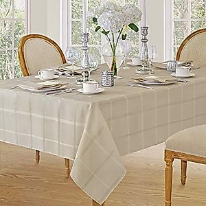Elegance Plaid Contemporary Woven Solid Decorative Tablecloth by Newbridge, Polyester, No Iron, Soil Resistant Holiday Tablecloth, 52 X 70 Oblong, Beige