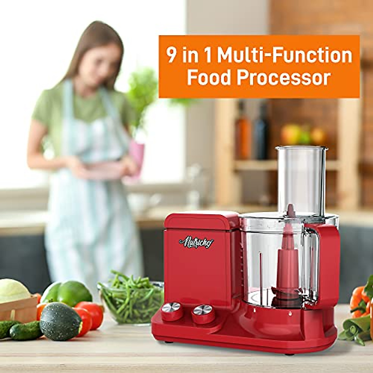 NutriChef NCFPRED Multifunction Food Processor-Ultra Quiet Powerful Motor, Includes 6 Attachment Blades, Up to 2L Capacity (Red), One Size