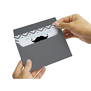 15 Mustache Thank You Cards with Grey Envelopes - Stationery for Boys Baby Shower - Dapper Chevron Stripes