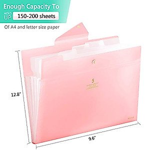 SKYDUE Expanding File Folders 5 Pockets File Folder with Snap Closure A4 and Letter Size Accordion Document Paper Organizer for Home School Office (Pink)