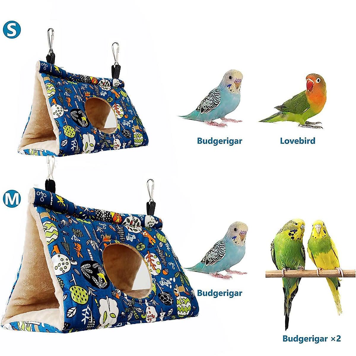 Bird Nest Winter Warm House Hanging Hammock Velvet Shed Hut Cage Bird Plush Fluffy Hideaway Sleeping Bed Fuzzy for African Grey Cockatoo Parrot Parakeet Cockatiels Budgies Parakeets (Small, Blue)