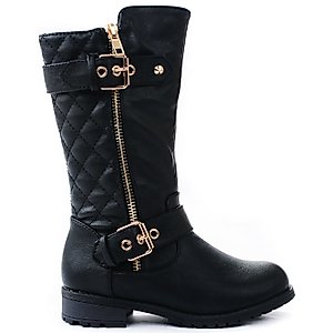 JJF Shoes Kids Girls Mango21 Black Dual Buckle/Zipper Quilted Mid Calf Motorcycle Boots-9