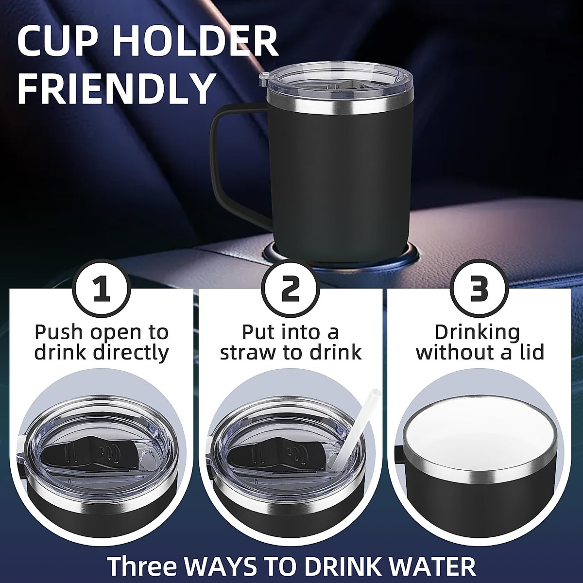 20 oz Insulated Coffee Mug with Ceramic Coating, Stainless Steel Travel Mug Tumbler with Handle Lid and Straw, Double Wall Leak-Proof Thermos Coffee Travel Mug Keeps Drink Hot and Cold (Black)