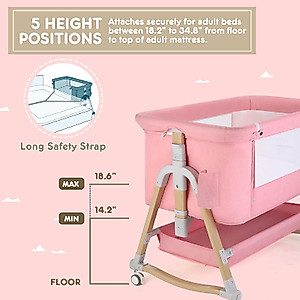 HARPPA Cuddly 3 in 1 Baby Bassinet Bedside Sleeper(Mosquito Net Included), Five-Position Adjustable Bedside Crib with Storage for Newborns, Portable Bassinet with Anchor Strap (Wood Grain, Pink)