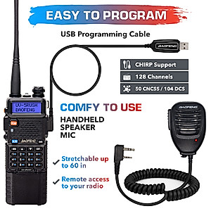youRUSH Ham Radio Kit Baofeng UV-5R 8W ham radio handheld 3800mAh & 2800mAh BL-5 Extended Batteries & Foldable Antenna 18.7”, Speaker Mic, USB Charger, USB Baofeng programming cable Baofeng BF-F8hp