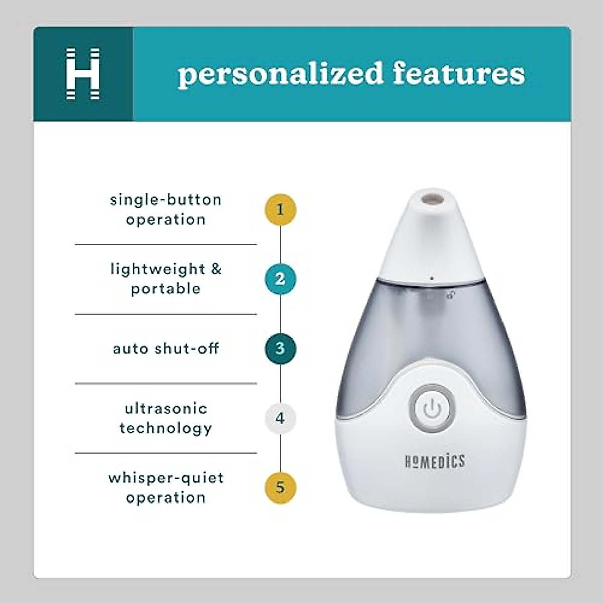 Homedics TotalComfort Ultrasonic Personal Humidifier – Small Portable Air Humidifiers for Bedroom, Plants, Office, Travel – Ultra Quiet 22oz Cool Mist Humidifiers, White