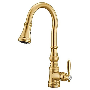 Moen Weymouth Brushed Gold Traditional Shepherd's Hook Pulldown Kitchen Faucet Featuring Pull Down Spray Head with Power Boost, S73004BG