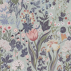 Toduso Peel and Stick Wallpaper Vintage Wallpaper Gray Purple Wallpaper Floral Contact Paper Removable Wallpaper 17.3"x78.7" Leaf Flower Self Adhesive Wallpaper for Bedroom Drawer Decor