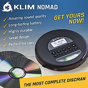 KLIM Nomad - New 2023 - Portable CD Player Walkman with Long-Lasting Battery - with Headphones - Radio FM - Compatible MP3 CD Player Portable - TF Card Radio FM AM Bluetooth - Ideal for Cars - Black