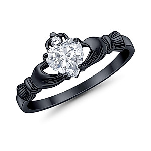 Blue Apple Co. Black Tone, Simulated Cubic Zirconia Size-6 Claddagh Accent Wedding Ring Heart Shape Round CZ 925 Sterling Silver