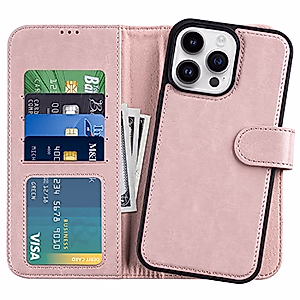 DorisMax iPhone 14 Pro Max Wallet Case,Detachable Flip Folio Cover RFID Blocking 4 Card Slots Holder Premium PU Leather Magnetic Kickstand Protective Phone Case for iPhone 14 Pro Max 6.7" Pink