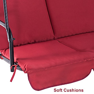 MCombo 3-Person Outdoor Patio Swing Chair, Convertible Canopy Hanging Swing Glider Lounge Chair, Removable Cushions, 4003 (Red)