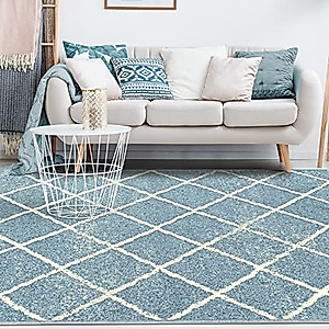 Superior Lattice Collection Area Rug, 6mm Pile Height with Jute Backing, Affordable and Contemporary Rugs, Modern Geometric Windowpane Pattern - 8' x 10' Rug, Blue