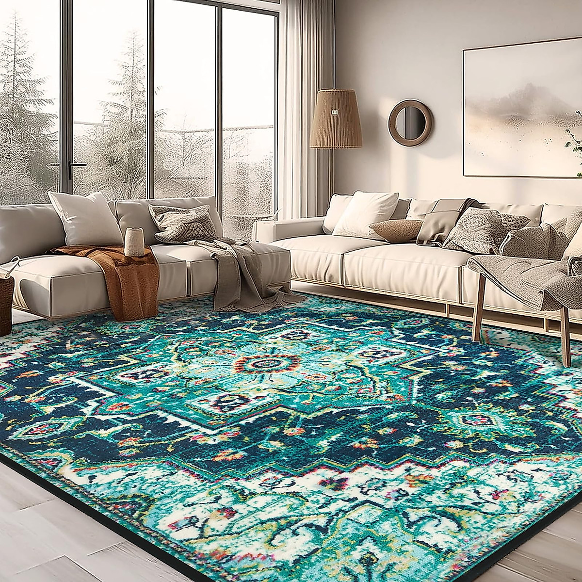 VFROO Area Rugs 5x7 Washable Living Room Rug,Vintage Soft Boho Area Rug,Non-Slip/Non-Shedding Print Floor Carpet for Dining Room,Bedroom-Green