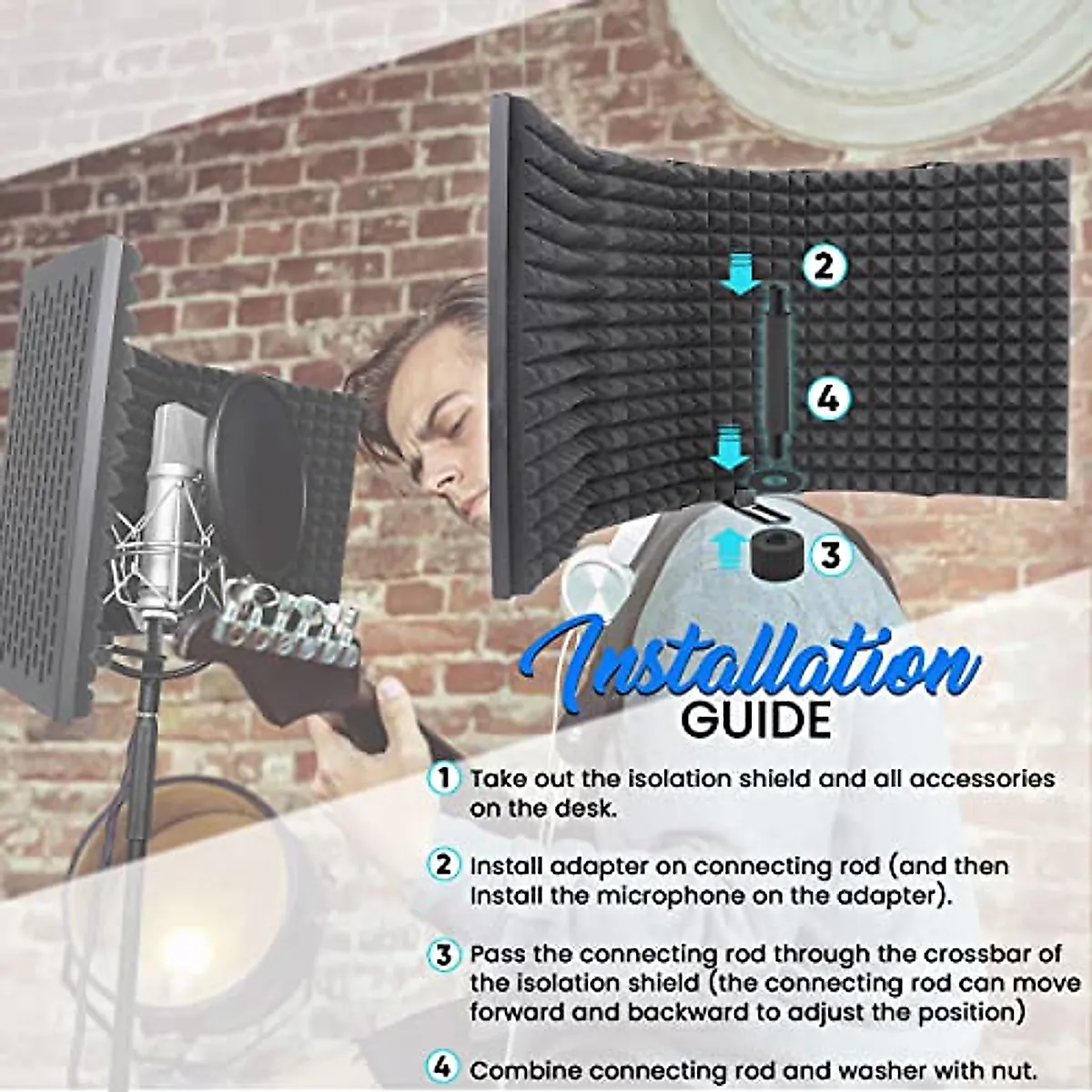 PyleUsa Microphone Isolation Shield, 5 Panel Acoustic Vocal Sound Dampening Noise Absorb Record Studio,1.6" Foam,Adjust Mic Depth,Removable Shock Mount, ⅝" Threaded,Podcast,Sing and Broadcast-1 set