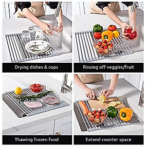 U-Taste Roll Up Dish Drying Rack 16.5 by 13.7 Inches, Over The Sink Foldable Multipurpose Silicone Dish Drainer Warm Gray, Small