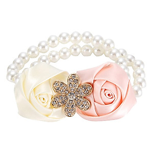 AUNMAS 2pcs Wedding Wrist Corsage, Girl Bridesmaid Groomsmen Hand Flower Faux Pearl Bead Corsage, Flower Bracelet Wedding Prom Party Decorations (White+)