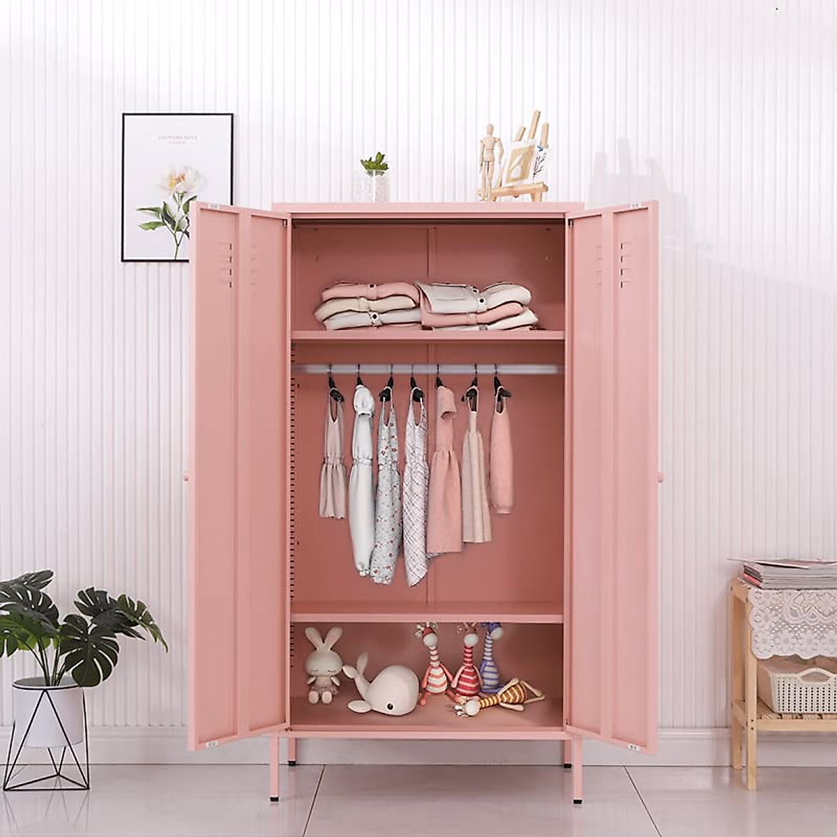 LINGZOE 2 Magnetic Doors Steel Wardrobe Kids Closet Storage Accent Cabinet with Hanging Rod and 2 Laminate,Metal Children Tall Storage lockers Armoire with Leg for Home Bedroom,Laundry Room