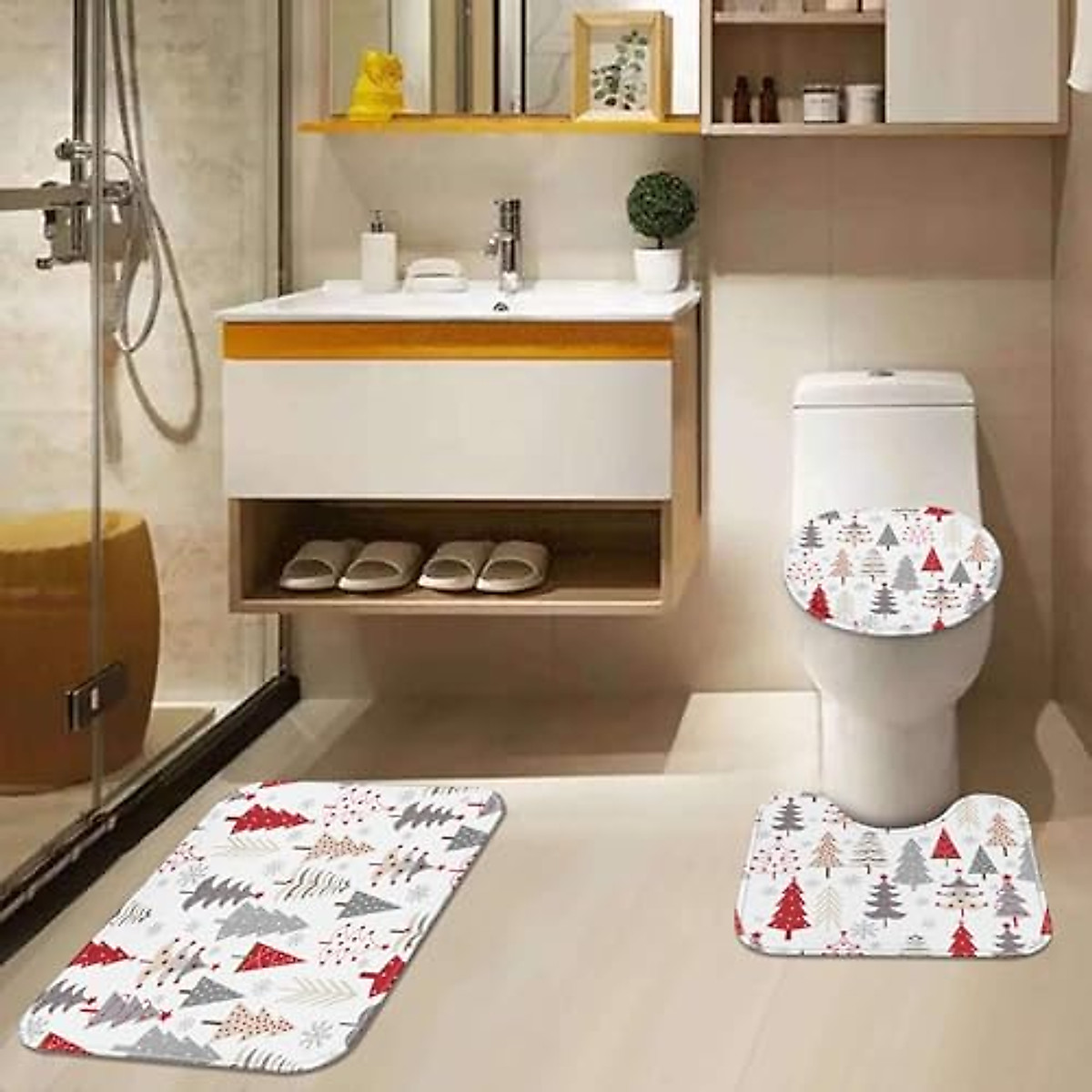 ArtSocket Bathroom Rugs and Mats Set 3 Piece, Christmas Trees Red Doodle Holly Absorbent Microfiber Memory Foam Bath Mat Machine Washable Bathroom Floor Mats